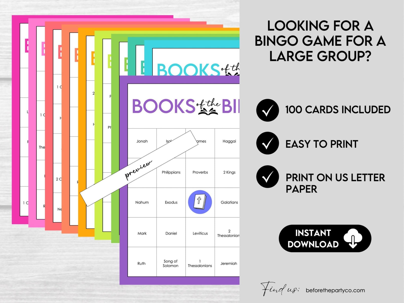 Books of the Bible Bingo Cards - 100 Game Cards for Church Groups ...