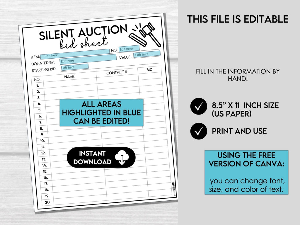 Editable Silent Auction Bid Sheet, Silent Auction Sign Up Sheet, Fundr ...