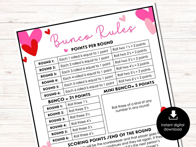 FREE Valentine's Day Theme Bunco Rule Sheets – Before The Party